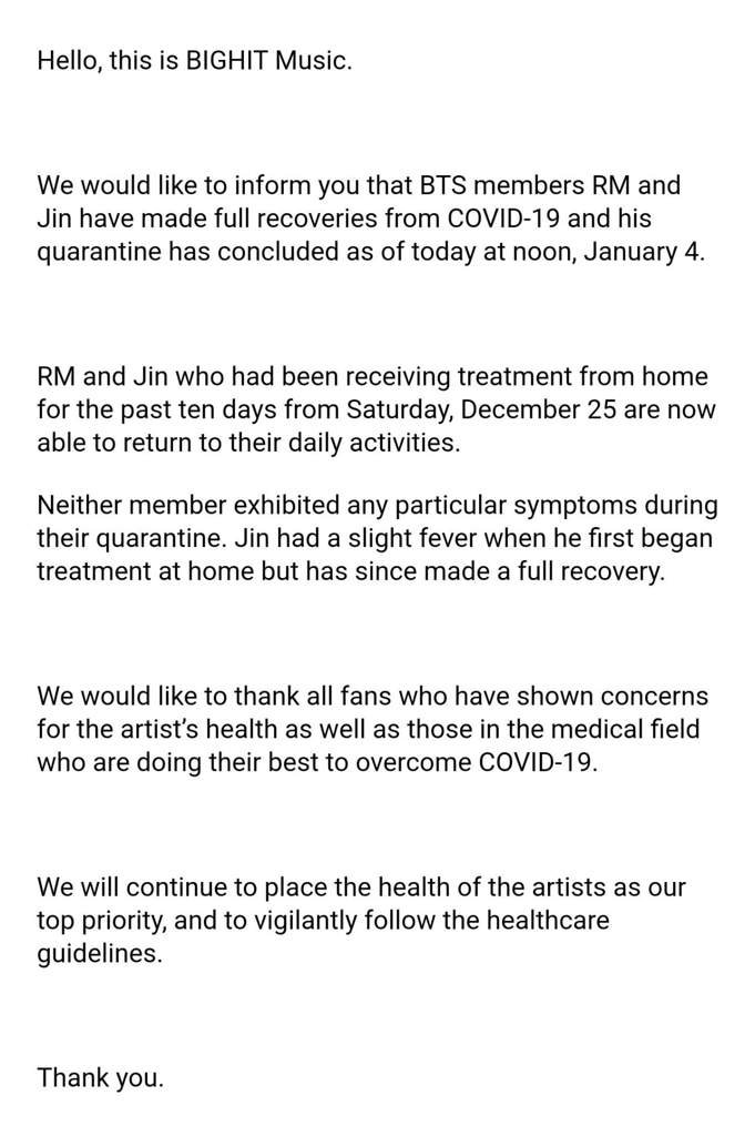Comunicado de BIGHIT sobre la salud de RM y Jin | ARMY's Amino Amino Comunicado de BIGHIT sobre la salud de RM y Jin | ARMY's Amino Amino